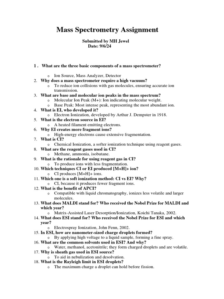 Mass Spectrometry Assignment | PDF | Mass Spectrometry | High ...