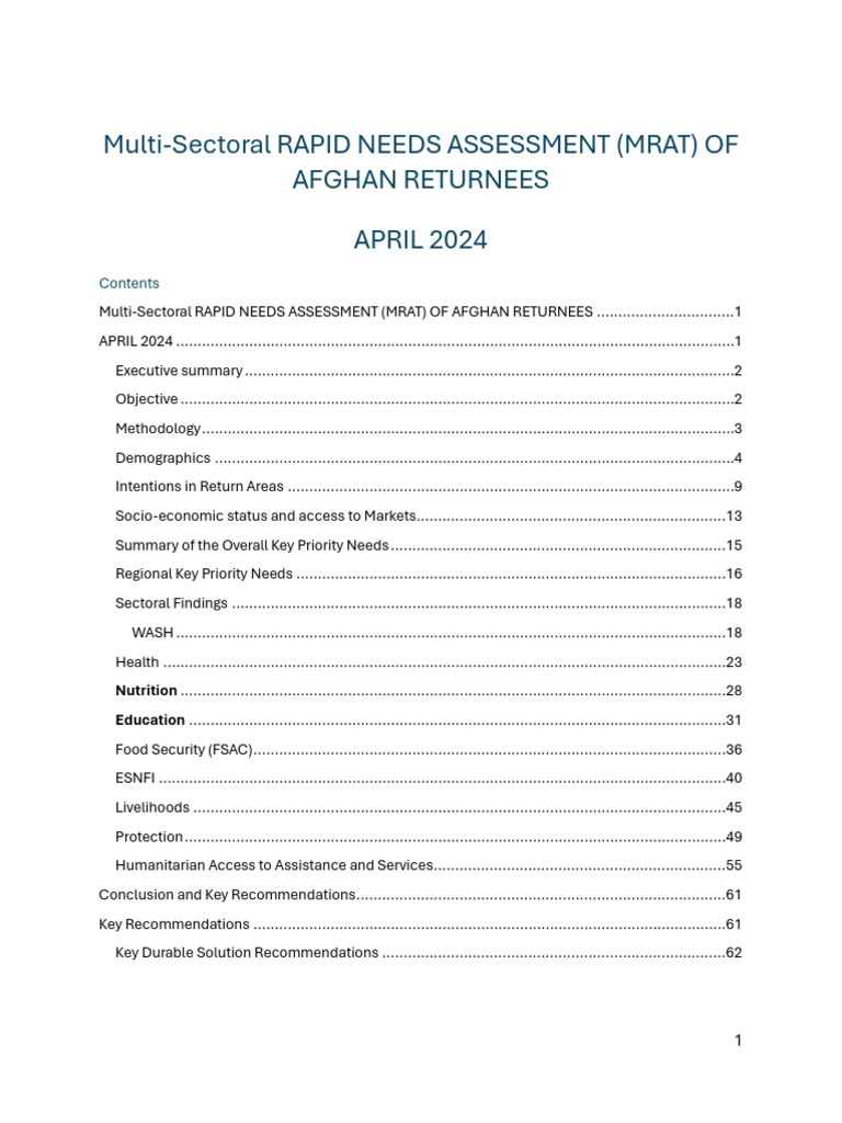 MRAT Needs Assessment for Afghan Returnees | PDF | Needs Assessment ...