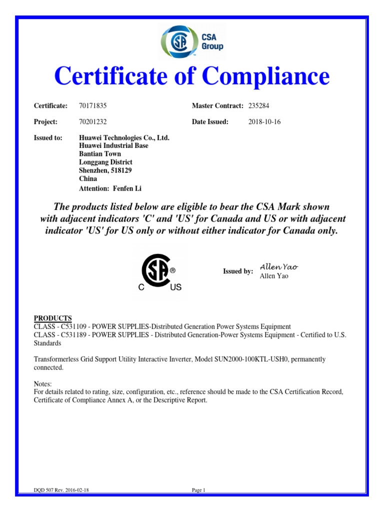 SUN2000-100USH0 UL1741SA Cert CSA-1 | PDF | Photovoltaic System | Photovoltaics