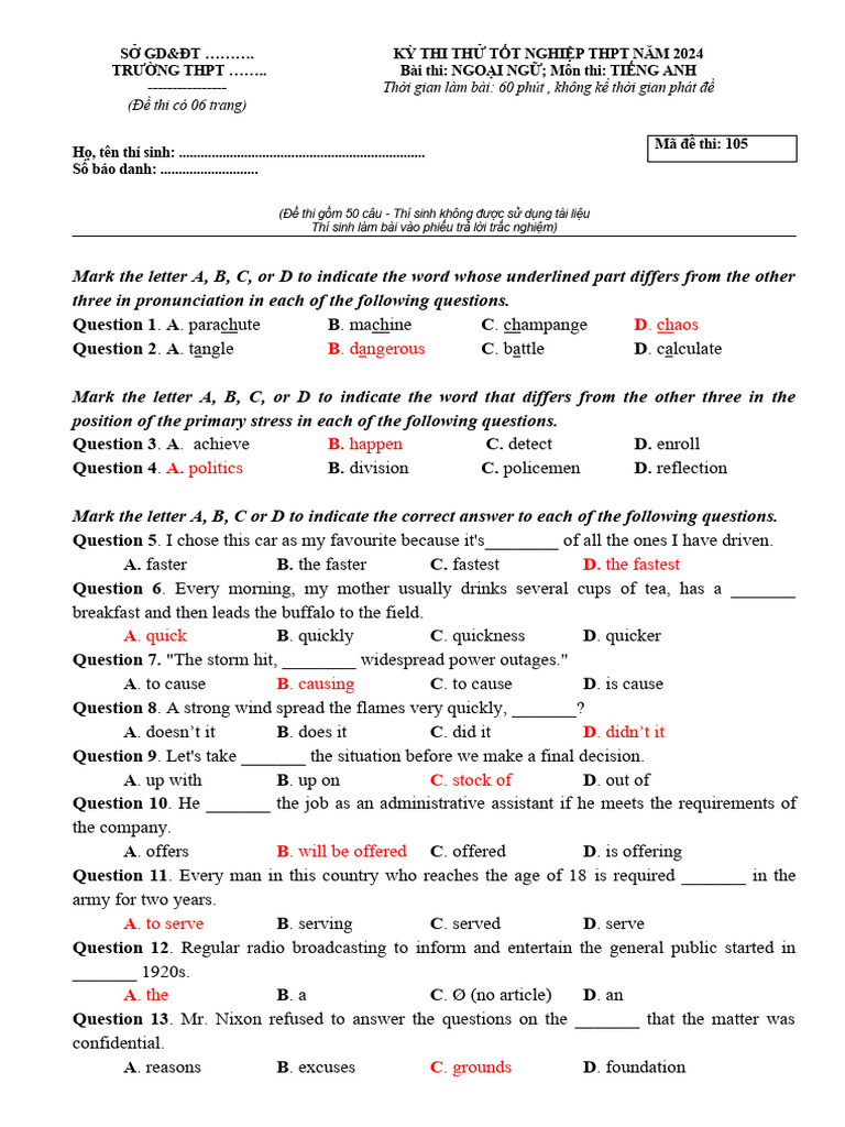 05. ĐỀ 5 Chuẩn MH 2024 T Anh Có Key Chi Tiết | PDF