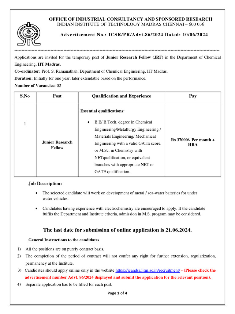 IIT Madras Notification For JRF | PDF