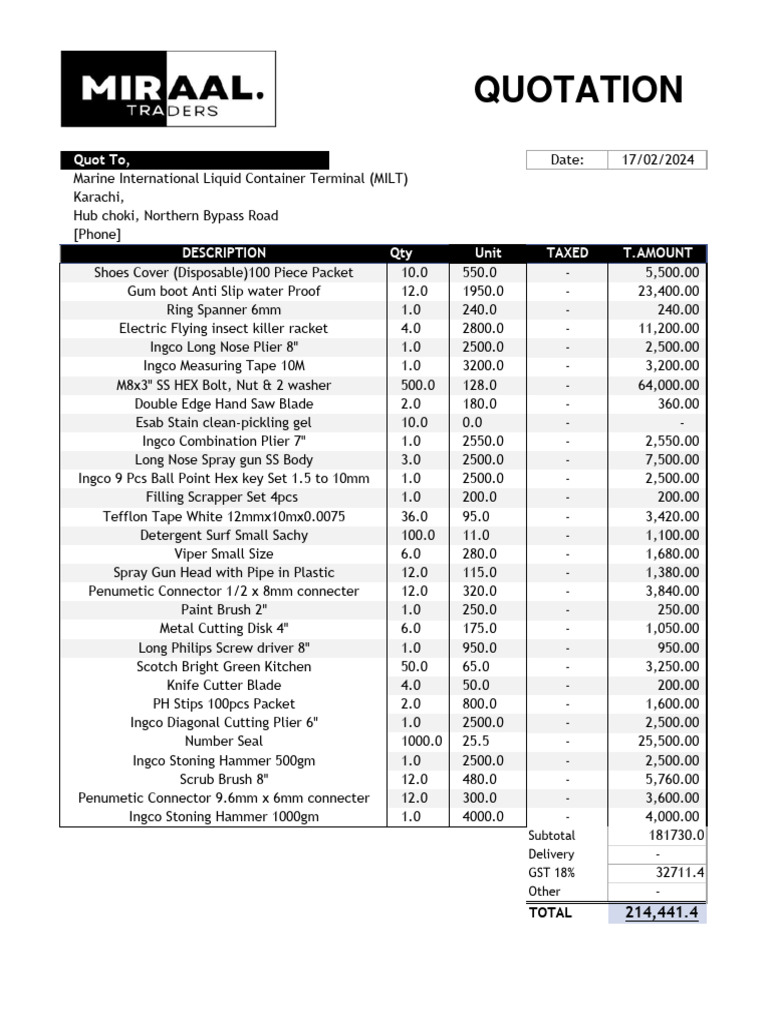 Quotation Miraal Traders | PDF | Screw | Metalworking
