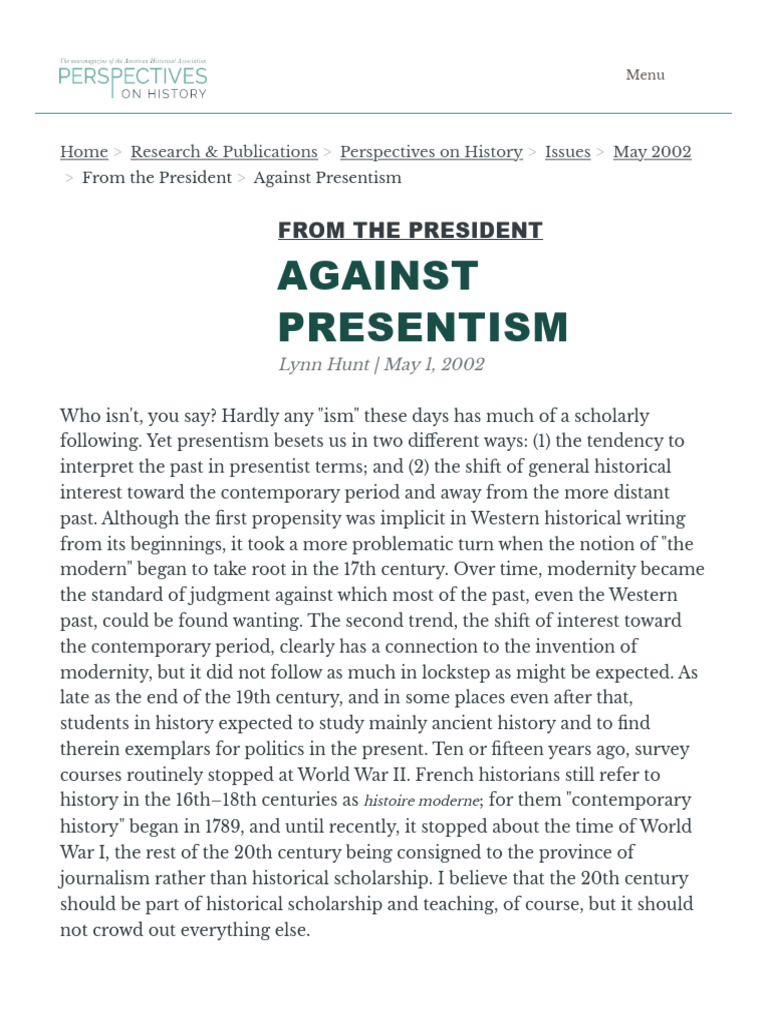 Lynn Hunt Against Presentism Perspectives On History - AHA 2002 | PDF ...