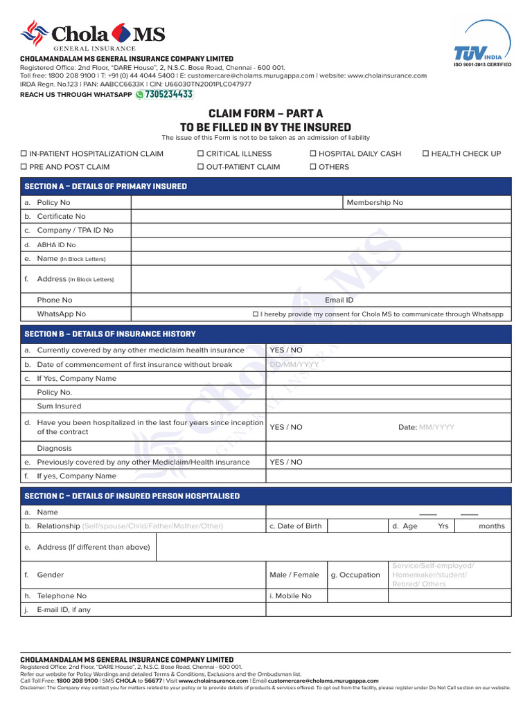 Chola Ms Health Claim Form | PDF | Cheque | Hospital