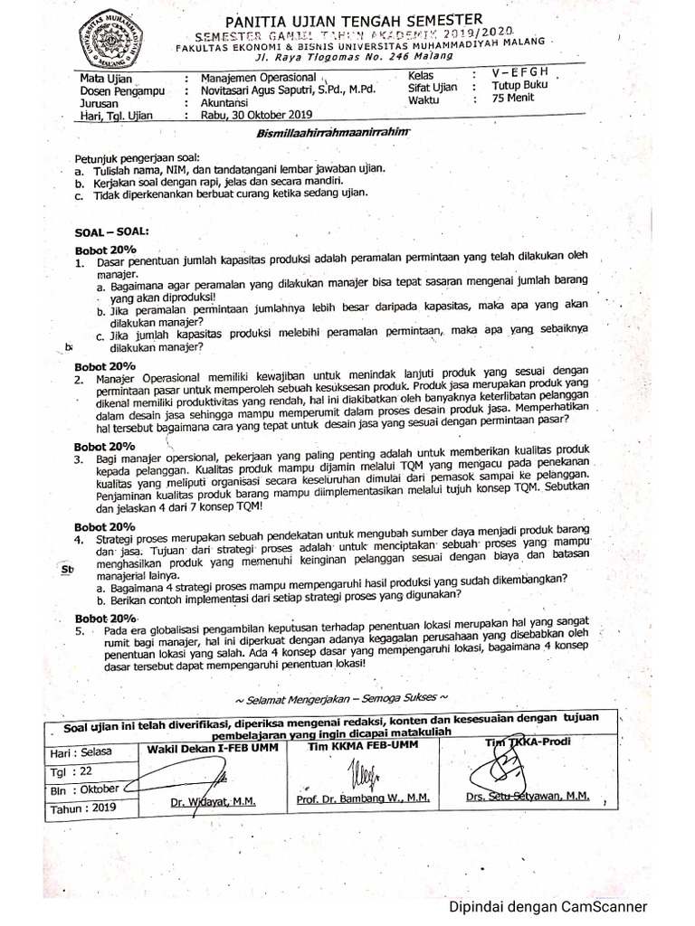 Soal UTS 5 Manajemen Operasional (2019) | PDF