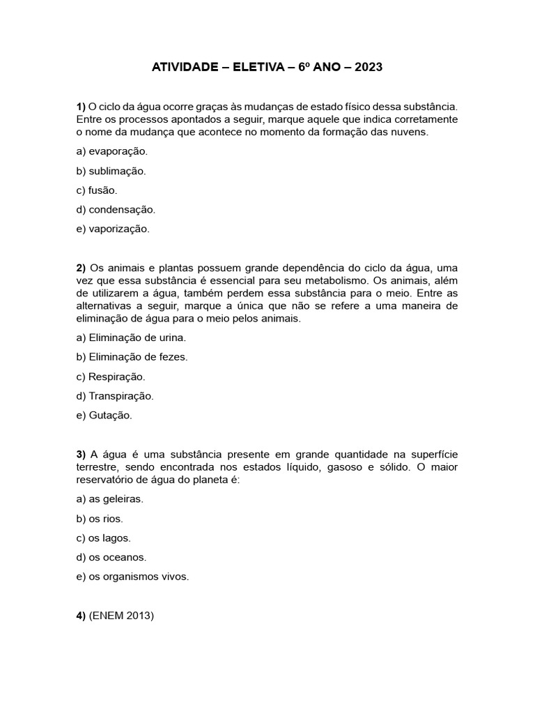 Atividade Eletiva 6 Ano | PDF | Ciclo da água | Água