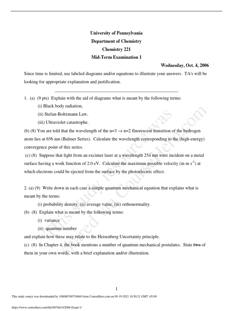 CHEM 221 Exam 1 2006 Key | PDF | Uncertainty Principle | Quantum Mechanics CHEM 221 Exam 1 2006 Key | PDF | Uncertainty Principle | Quantum Mechanics