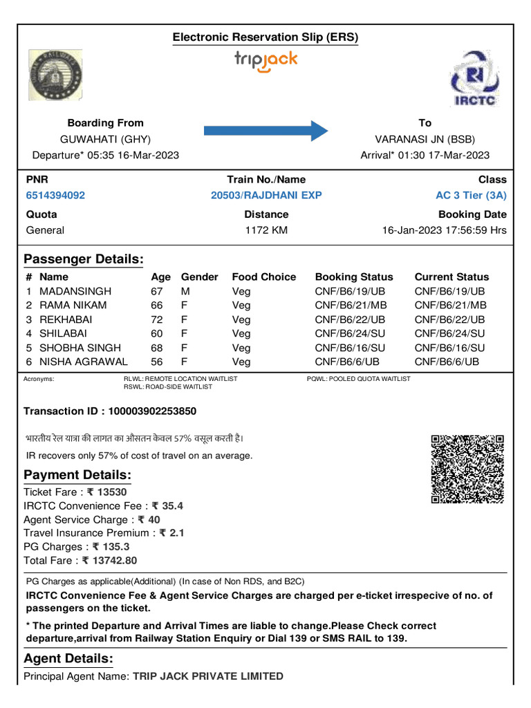 Passenger Details:: Electronic Reservation Slip (ERS) | PDF | Identity ...