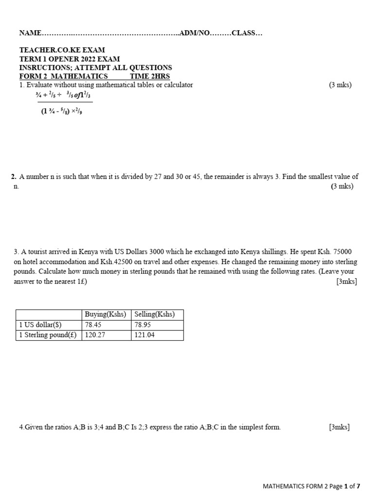 Mathematics Form 2 Term 1 Opener 2022 QN | PDF | Pound Sterling ...