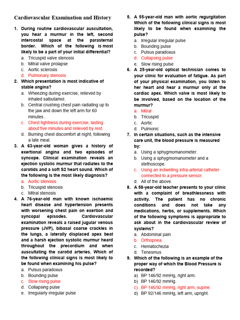 Cardiovascular Examination and History MCQs | PDF | Pulse | Heart