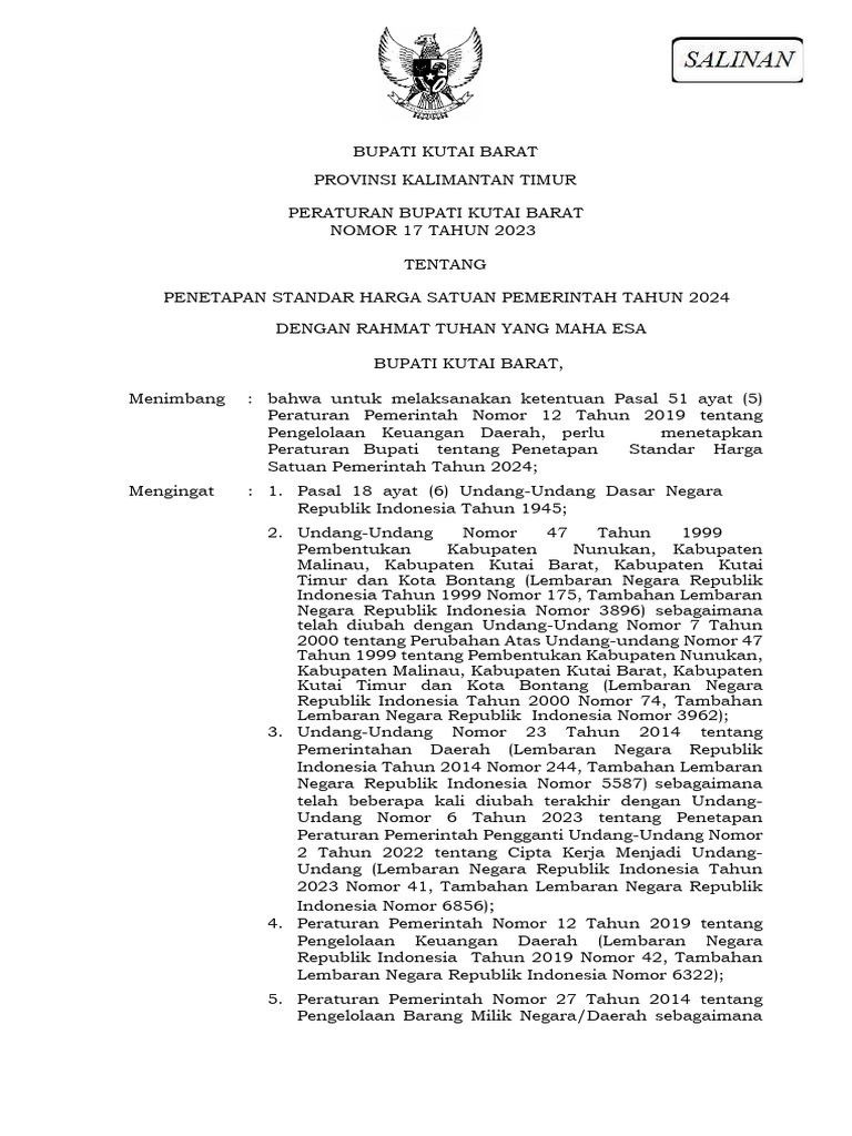 Perbup Kubar 17-2023 TTG Penetapan Standar Harga Satuan Pemerintah Tahun 2024 | PDF