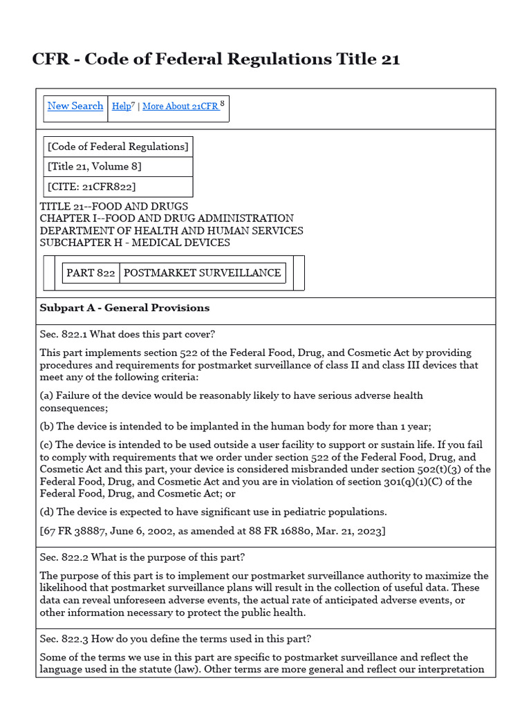 21 CFR 822 - Post-Market Surveillance | PDF | Food And Drug ...
