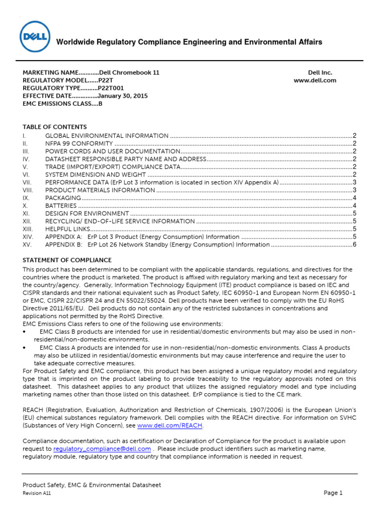 Dell Chromebook 11, p22t, p22t001, Dell Regulatory and Environmental ...