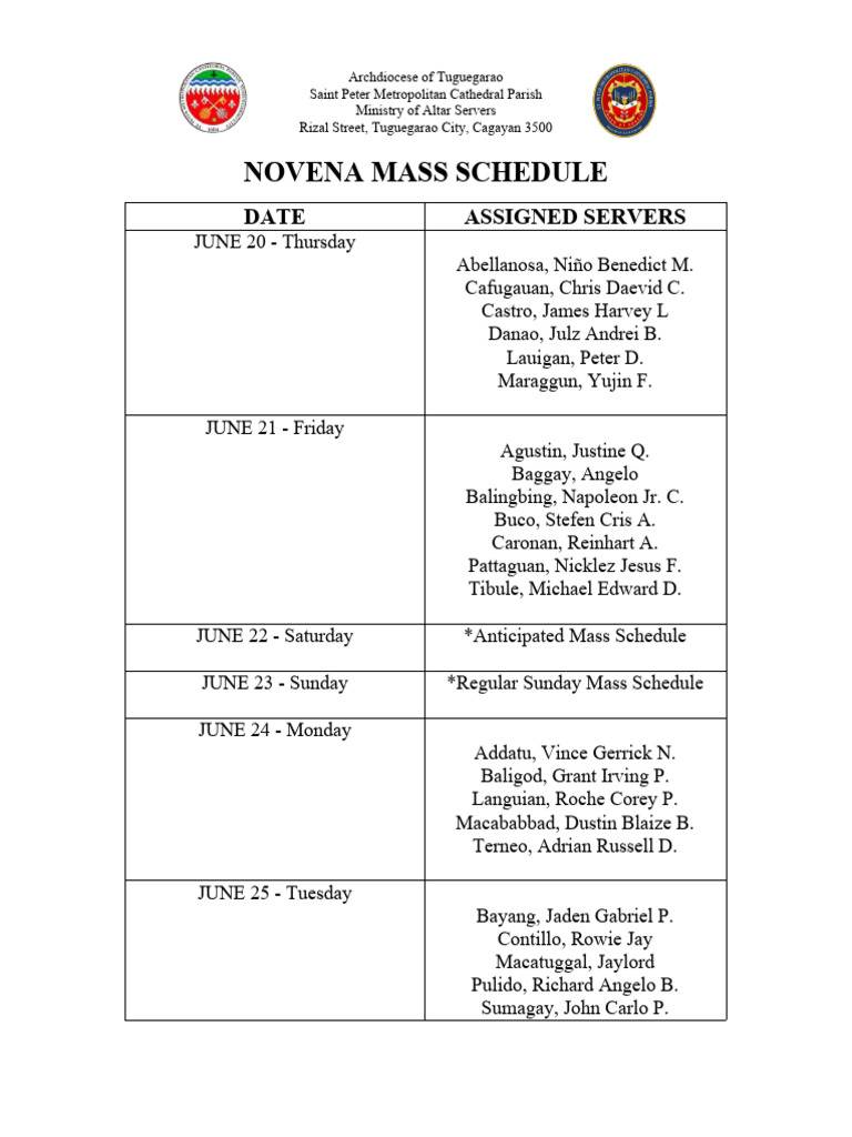 Novena Mass Schedule | PDF | Christian Worship And Liturgy