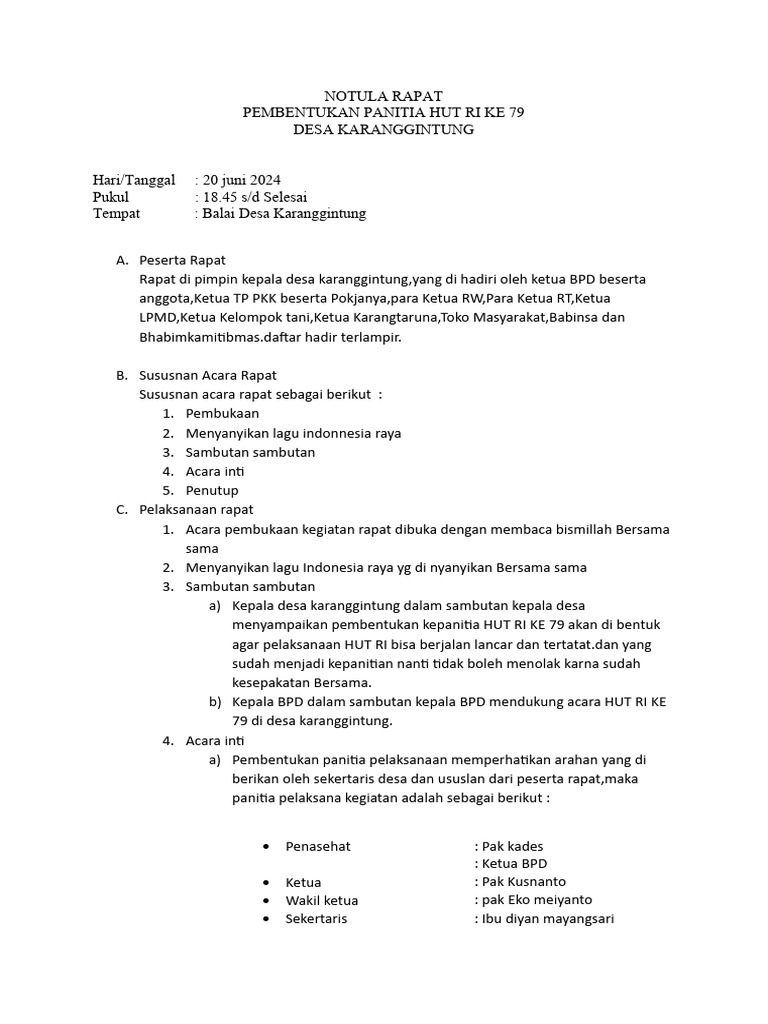 Notula Rapat Pembentukan Panitia HUT RI 79 | PDF