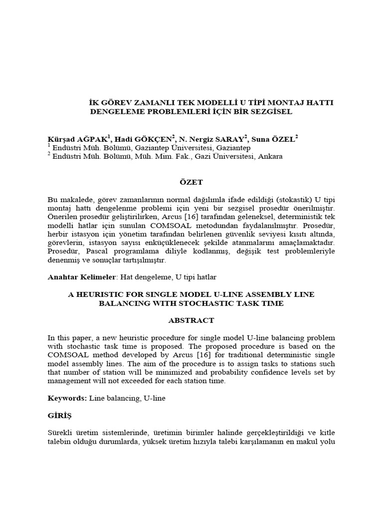Stokastik Modelli U Tipi Montaj Hatt Dengeleme Problemleri | PDF