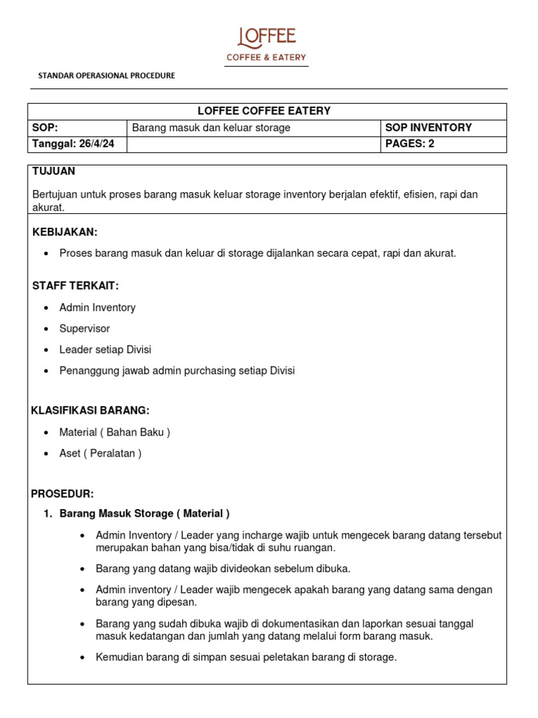 SOP Barang Masuk dan Keluar Storage | PDF