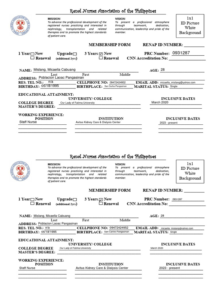 Renap Membership Form 3 | PDF | Nephrology | Urinary System
