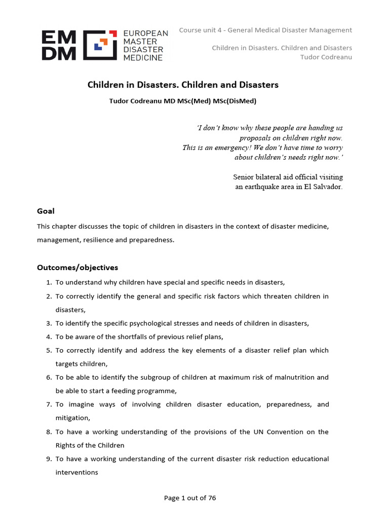 Children in Disasters: Needs & Management | PDF | Disaster Risk ...