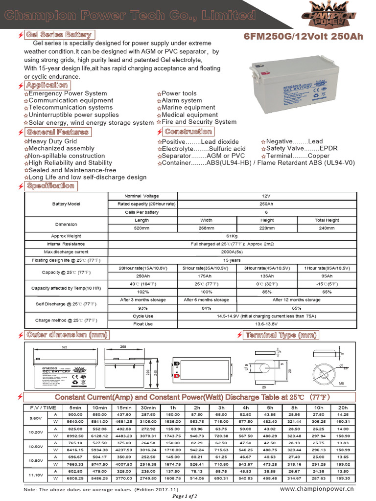 12V 250Ah AGM Battery Specifications | PDF | Electrical Engineering ...