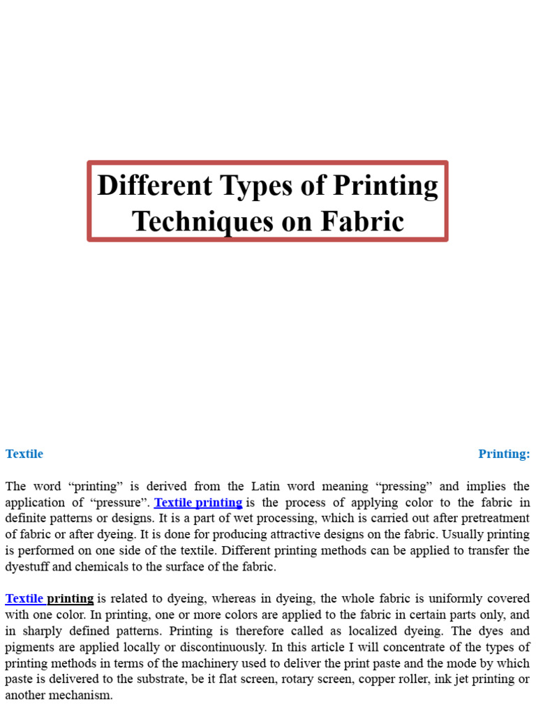 Different Types of Printing Techniques On Fabric | PDF | Textiles | Dyeing