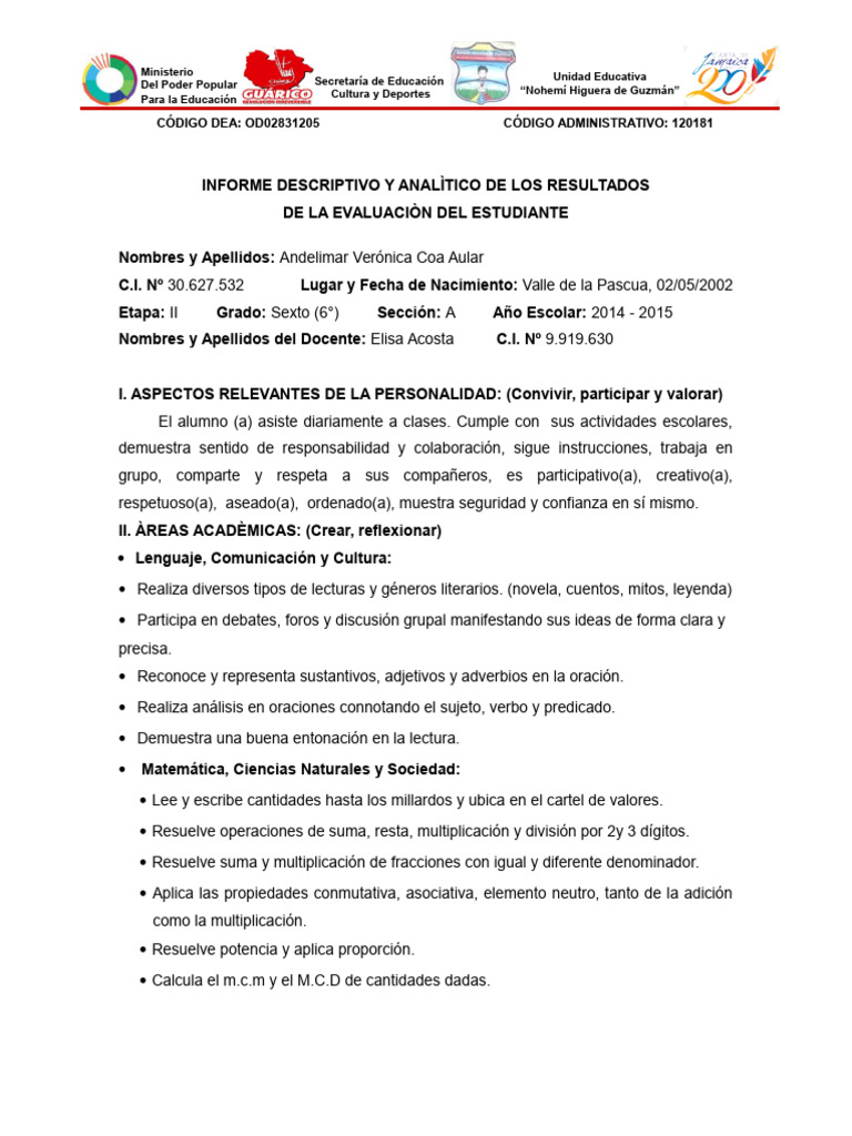 Informe Descriptivo Literal A | PDF | Venezuela