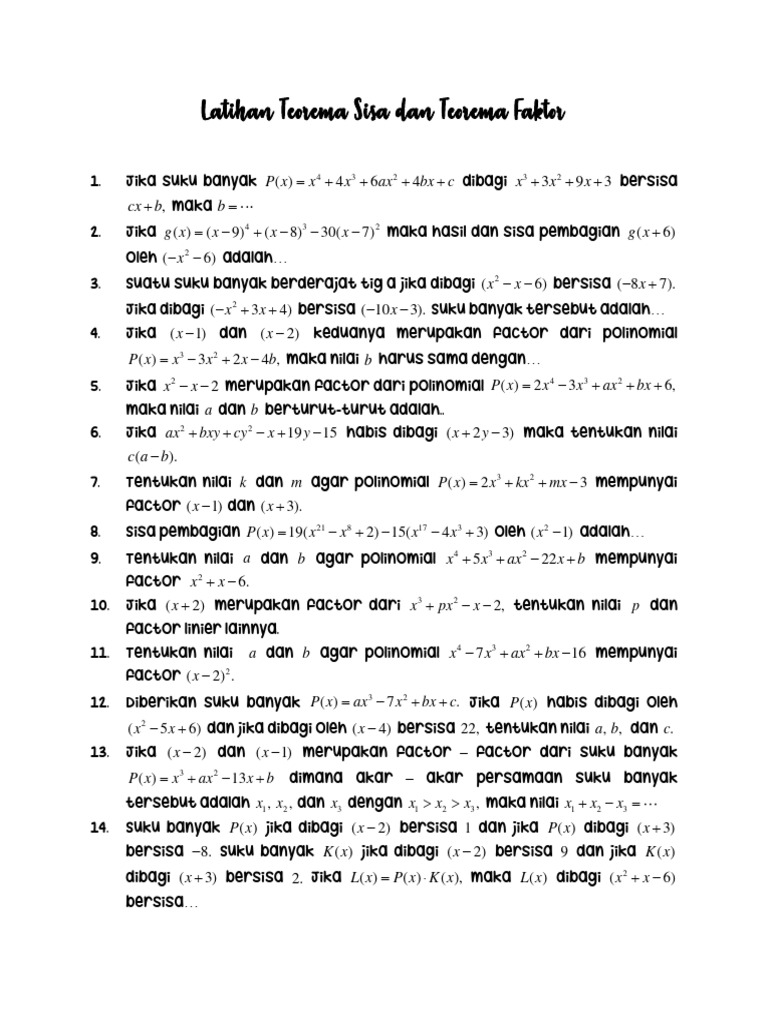 Latihan Teorema Sisa Dan Teorema Faktor | PDF | Metode & Bahan Ajar