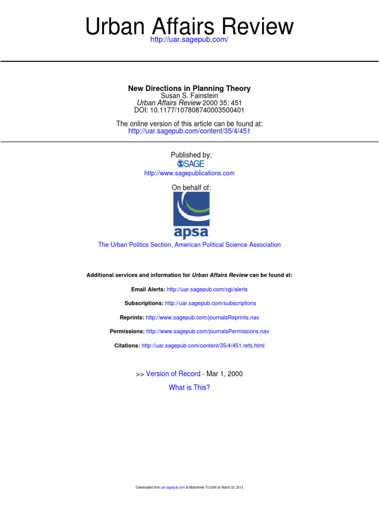 FAINSTEIN - New Directions in Planning Theory | PDF | Pragmatism | Positivism