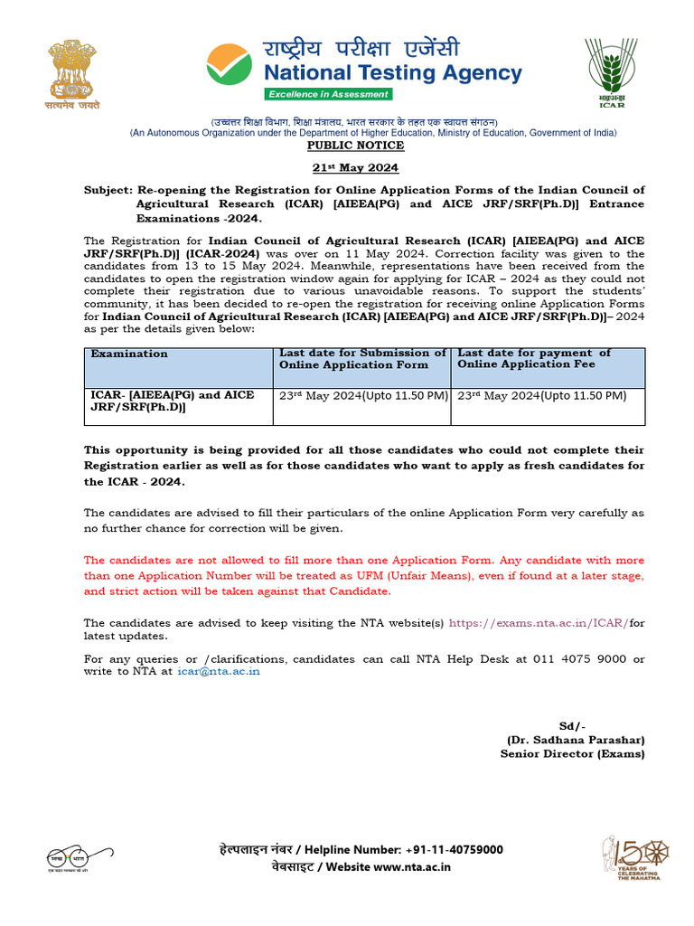 ICAR 2024 Registration Reopened Notice | PDF | Doctor Of Philosophy ...