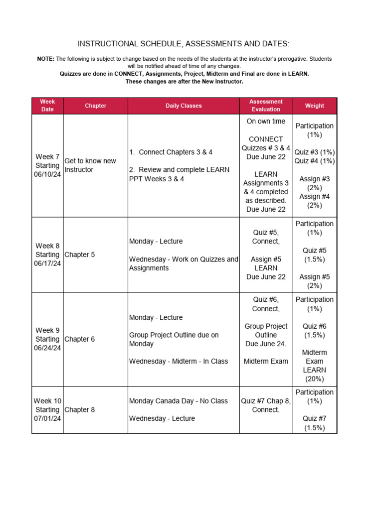 MGMT 3010 246341 Instructional Schedule | PDF | Quiz | Teaching