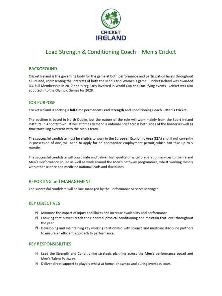 Job Ad SandC Coach 1 | PDF | Physical Therapy | Cricket