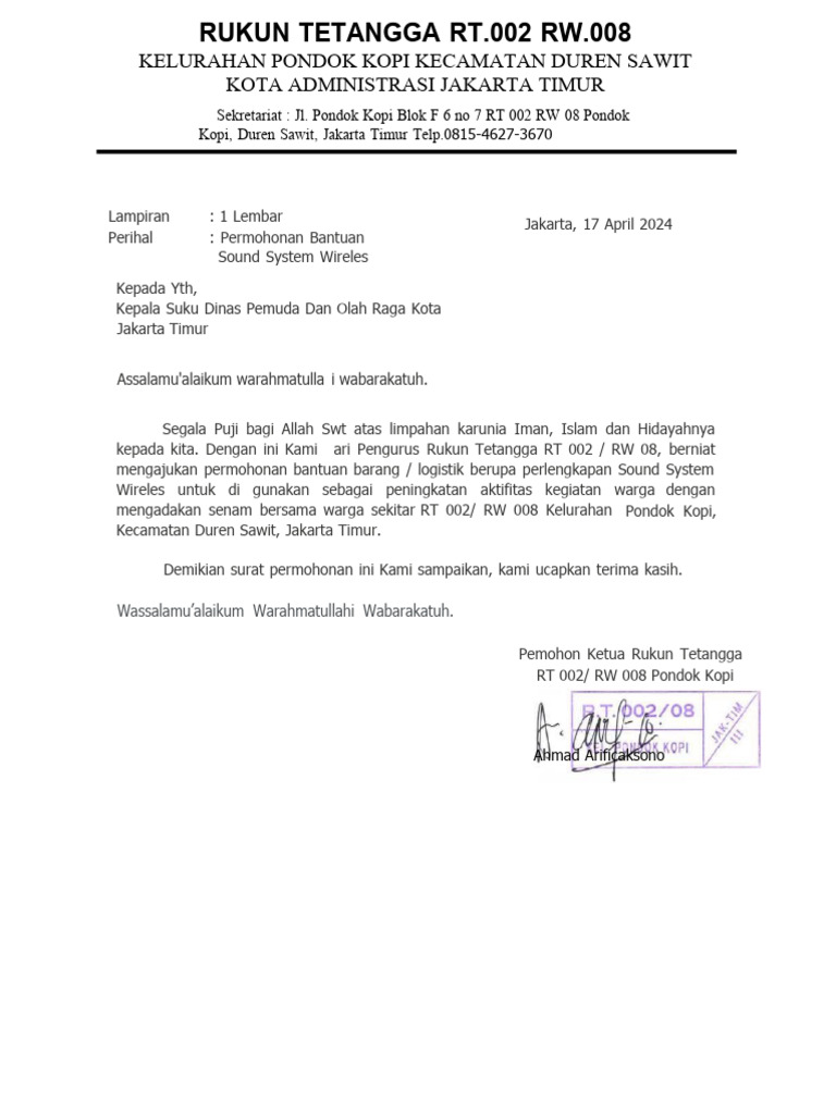Proposal Permohonan Sound System Rt002 Rw008 Pondok Kopi | PDF | Sains & Matematika | Teknologi ...