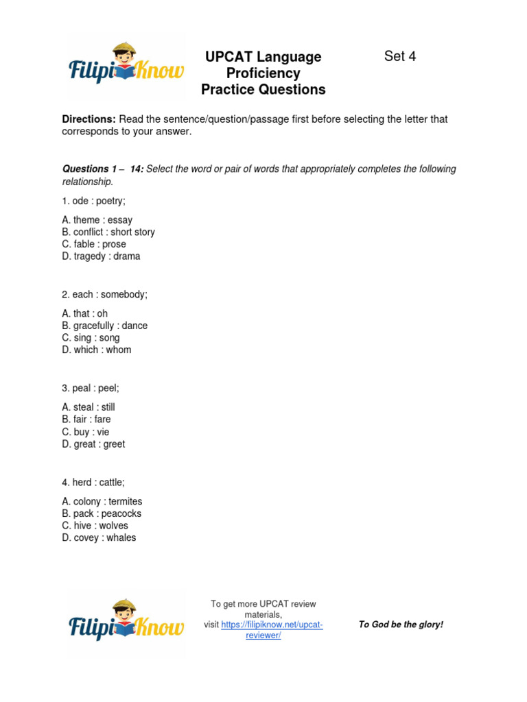 UPCAT Language Proficiency Practice Questions Set 4 | PDF