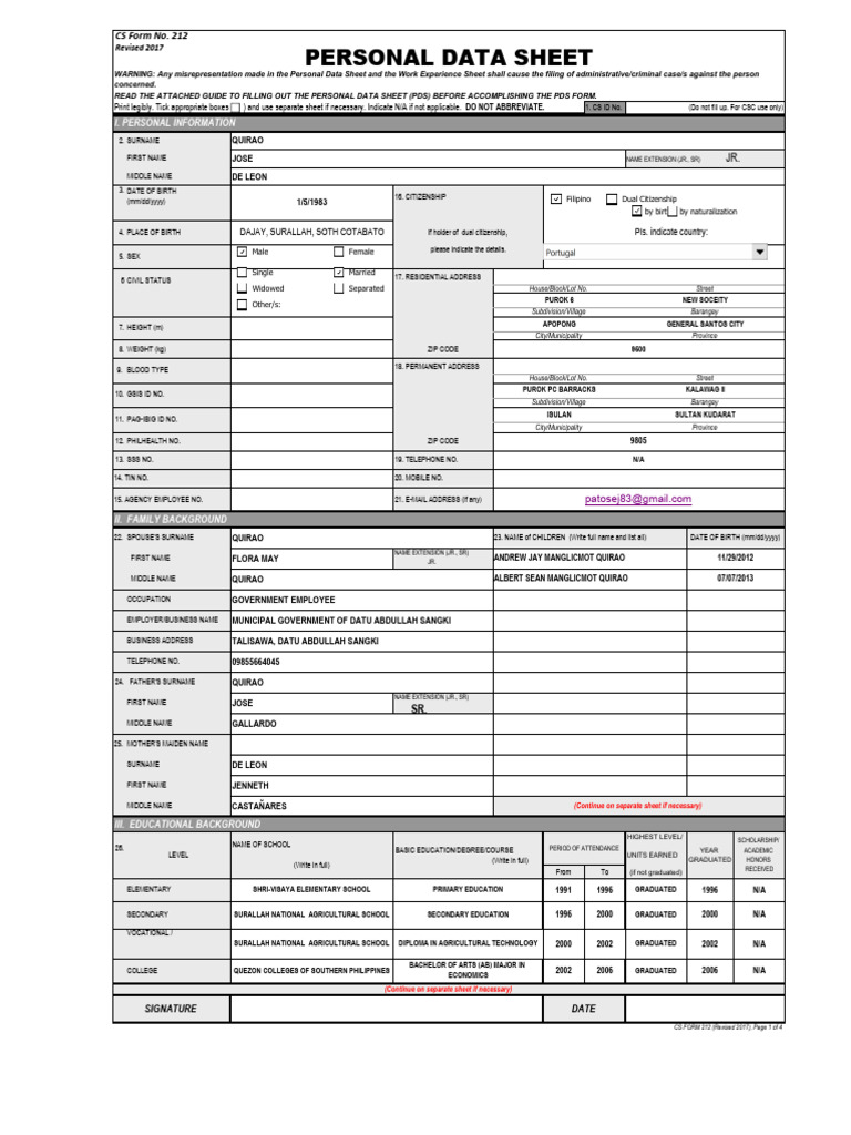 Pds Imc-Cs Form No. 212 Revised 2017 Jose Deleon Quirao | PDF | Government
