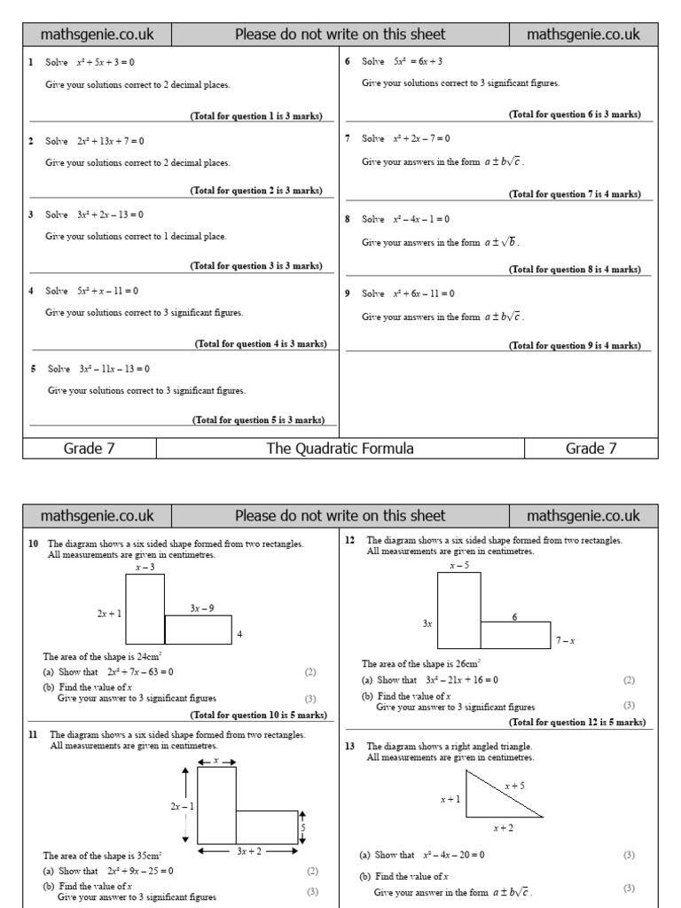 7 Quadratic Formula Ws | PDF | Area | Euclidean Plane Geometry