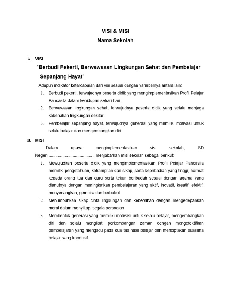 Contoh VISI MISI Sekolah Kurikulum Merdeka | PDF