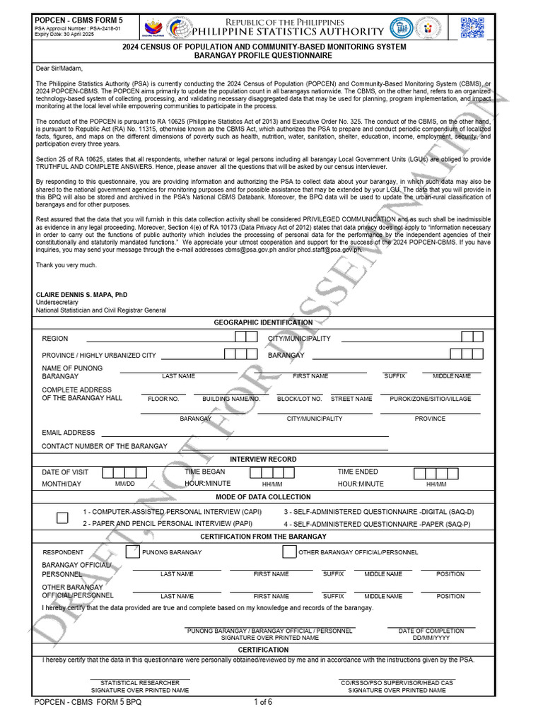 2024 POPCEN CBMS Form 5 BPQ | PDF | Natural Disasters | Telecommunications