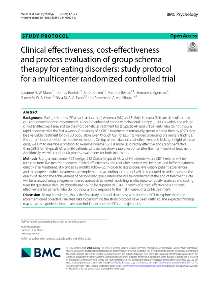 Clinical Effectiveness, Cost-Effectiveness and Process Evaluation of Group Schema Therapy For ...