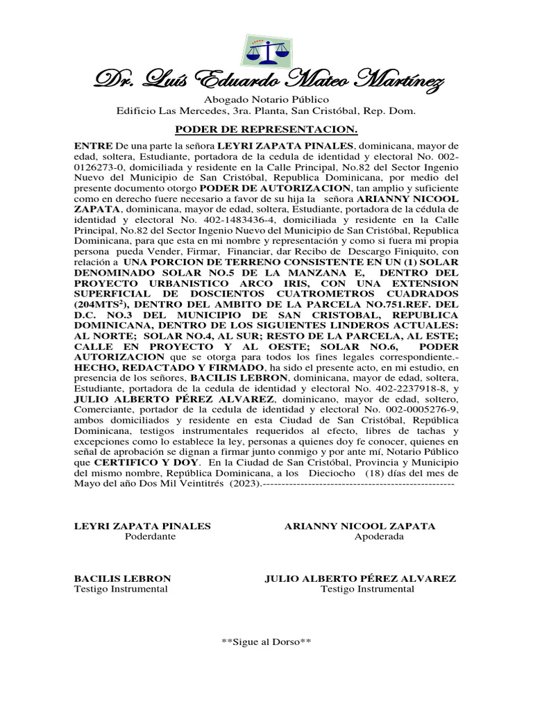 Poder de Representacion de LEYRI ZAPATA PINALES | PDF | Documento de identidad | República ...