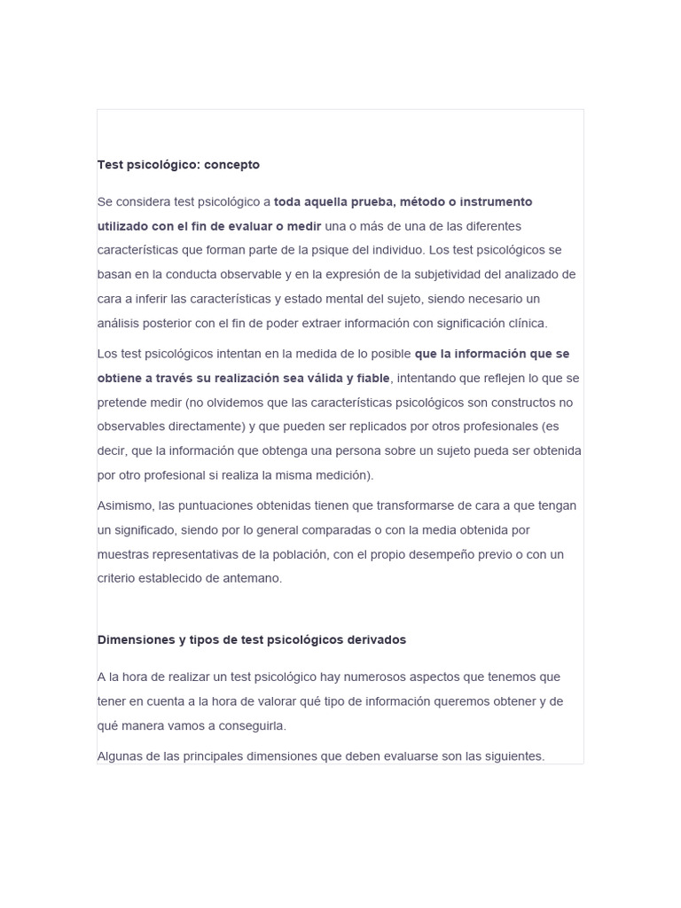 Tipos y Dimensiones de Test Psicológicos | PDF | Sicología | Mente