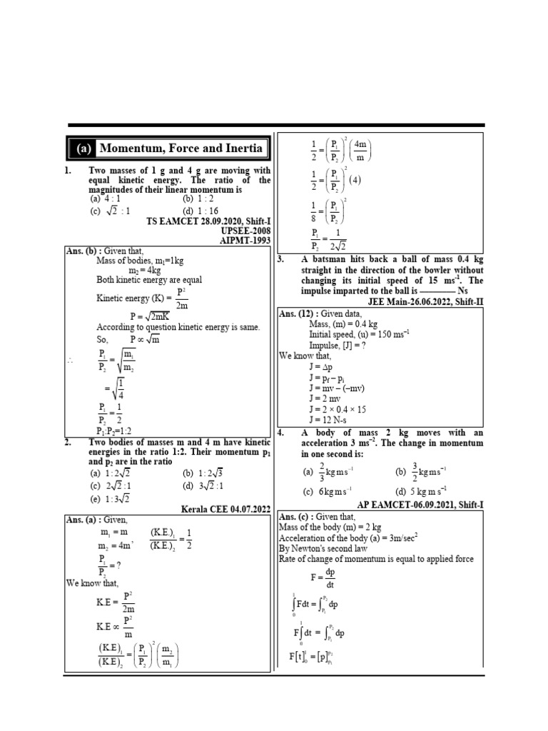 Laws of Motion NEET JEE Practice Questions | PDF | Force | Momentum
