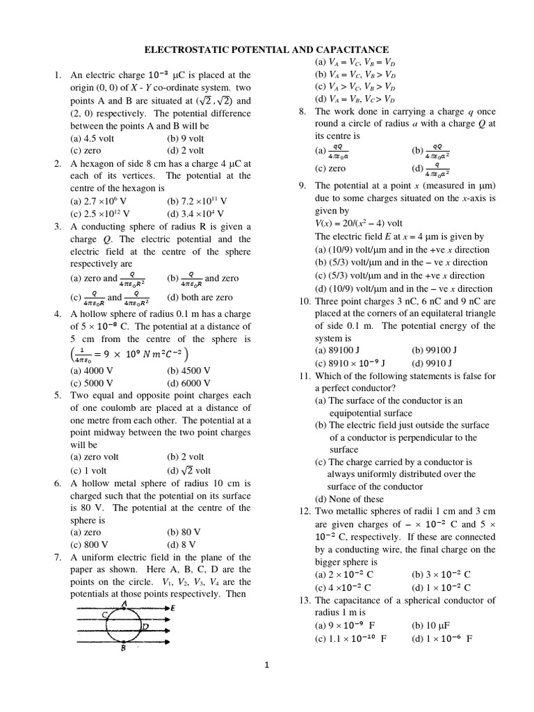 Electrostatic Potential and Capacitance Quiz | PDF | Capacitor ...
