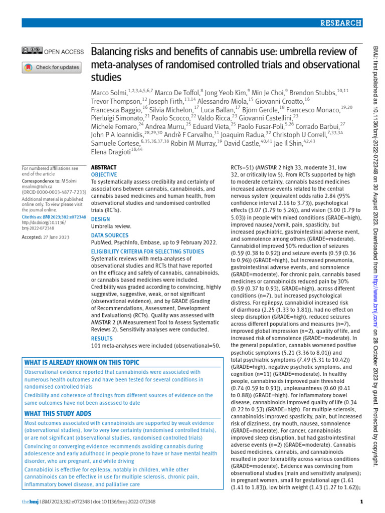 Balancing Risks and Benefits of Cannabis Use: Umbrella Review of Meta-Analyses of Randomised ...