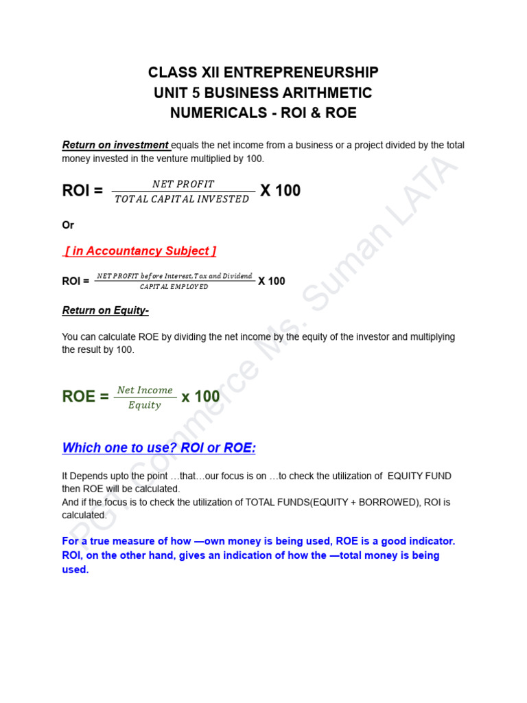 ROI and ROE Calculations for Class 12 | PDF | Return On Investment ...