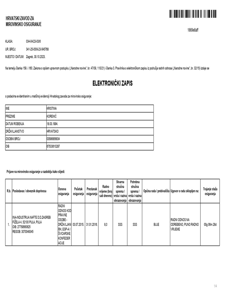 Potvrda o Radnom Vremenu | PDF