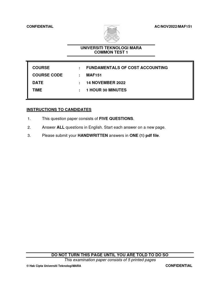 Cost Accounting Common Test MAF151 | PDF | Inventory | Prices