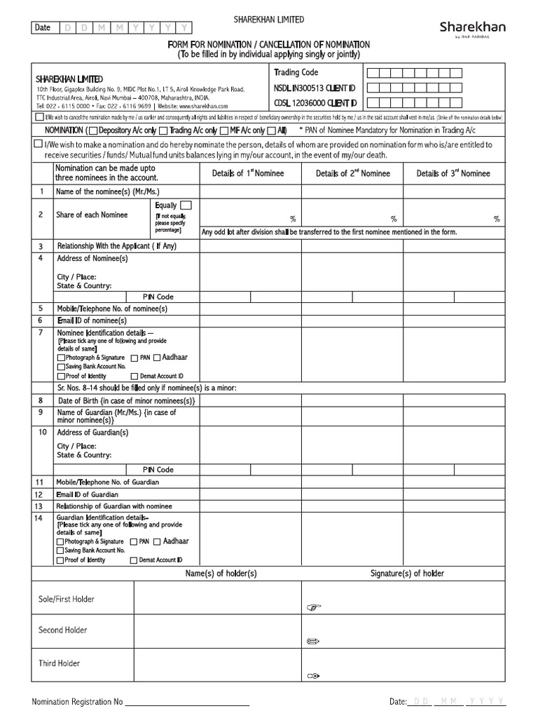 Nomination Form - Sharekhan | PDF