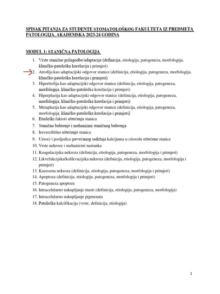 Spisak Pitanja Za Studente Stomatološkog Fakulteta Iz Predmeta Patologija, Akademska 2023-24 ...