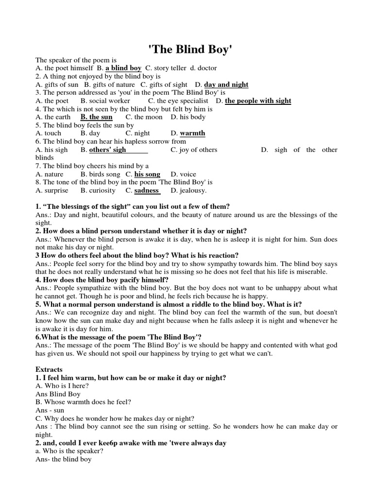 The Blind Boy (Poem) Notes-Karnataka State 10TH (SSLC) 2ND Language ...