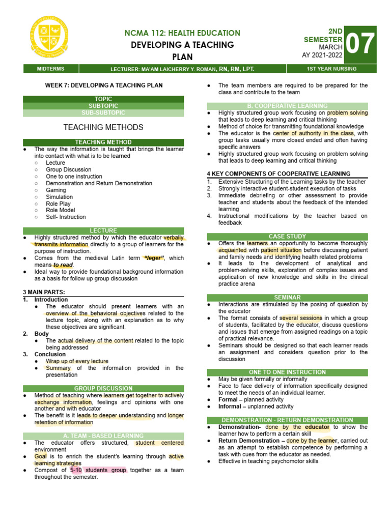 Week 7 Developing A Teaching Plan 1 | PDF | Learning | Teaching Method
